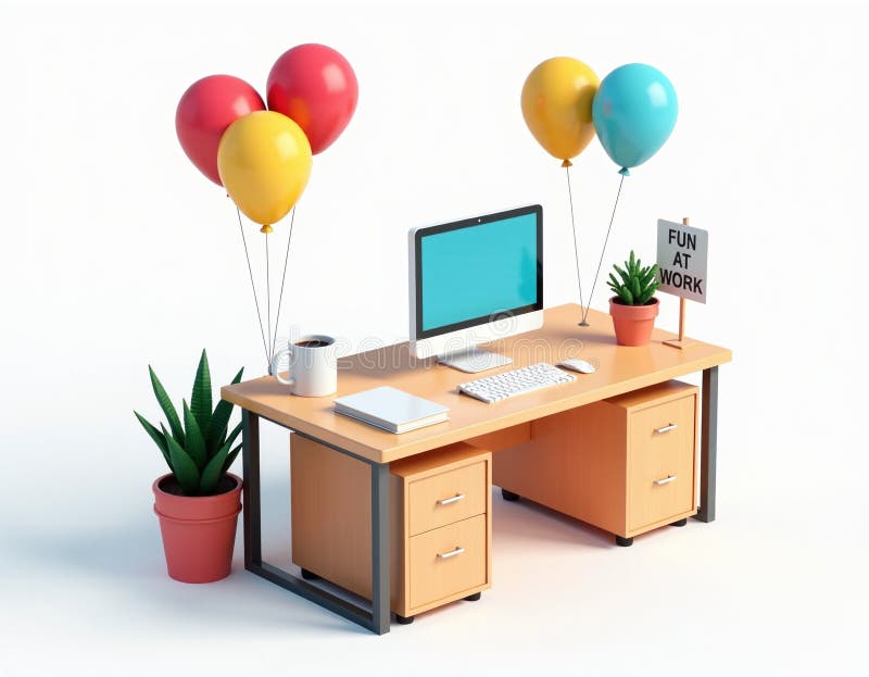 Fun Workplace Modern Desk with Balloons, Plants, and Computer Stock ...