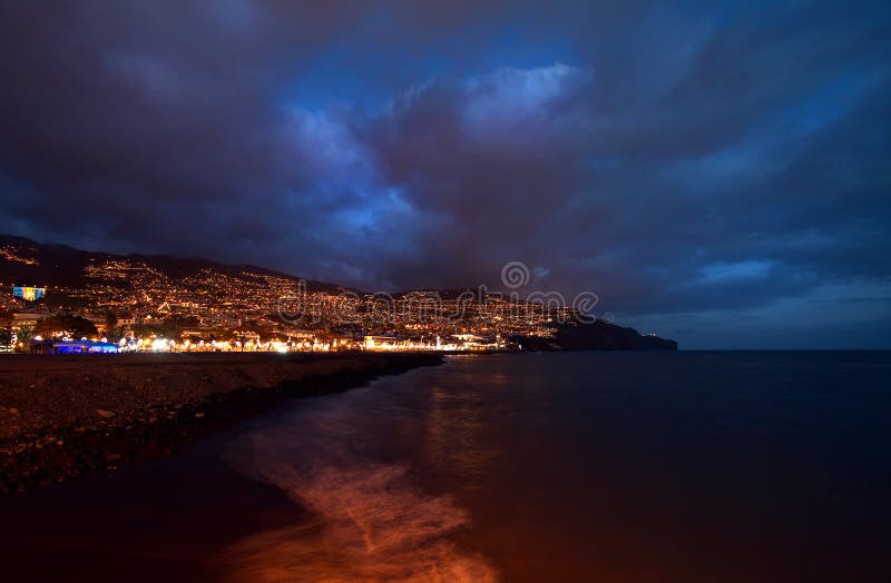 Illuminated Funchal in the Evening, Madeira, Portugal Stock Photo ...