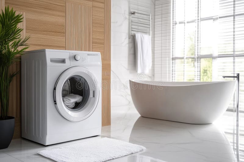 Functional Bathroom Interior with a Modern White Washing Machine. Stock ...