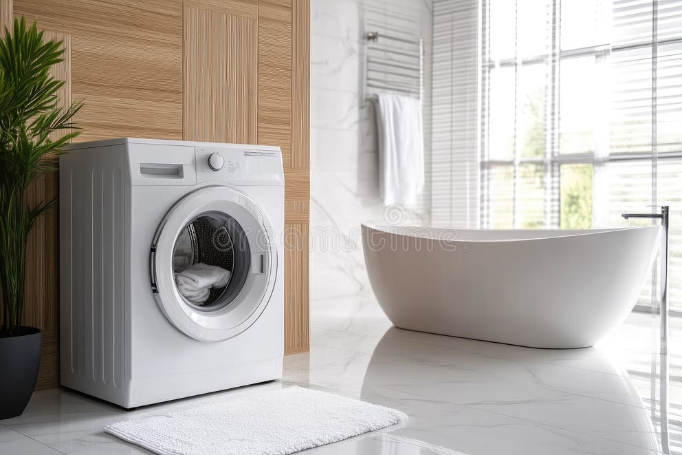 Functional Bathroom Interior with a Modern White Washing Machine. Stock ...