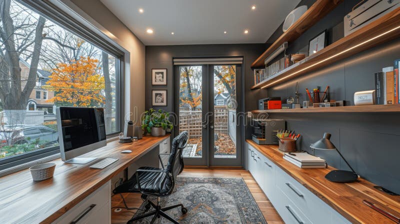 Functional Home Office with Desk and Large Window Stock Photo - Image ...