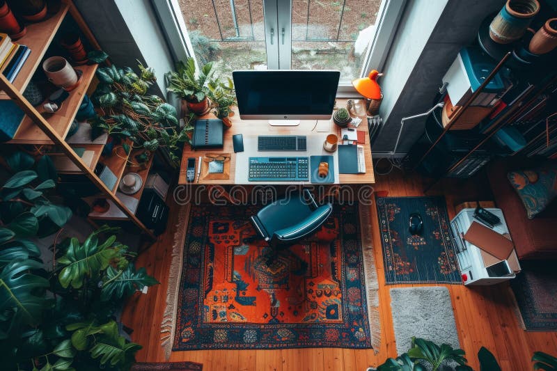 A Functional Home Office Setup with a Laptop Placed on a Desk, Overhead ...