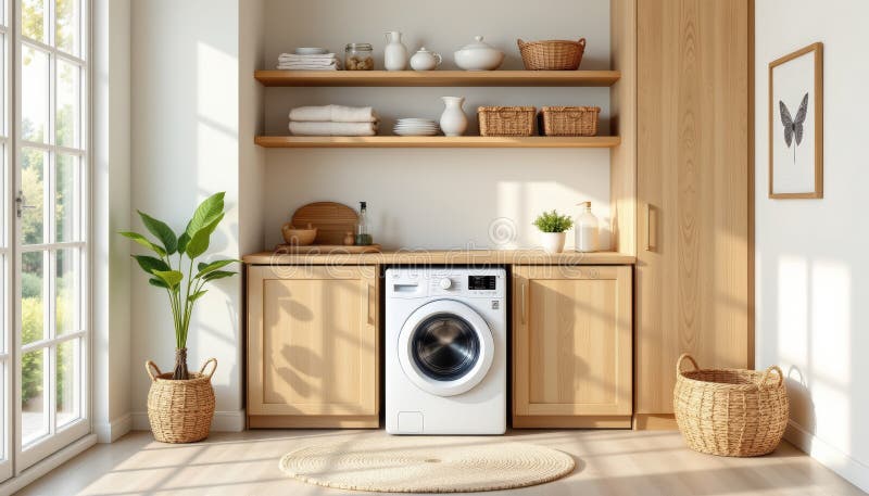 Functional Laundry Area with Minimal Design, Featuring Washing Machine ...