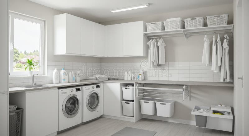 Functional Laundry Room Design with Storage and Drying Rack Stock ...