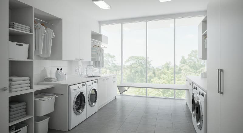 Functional Laundry Room Design with Storage and Drying Rack Stock ...