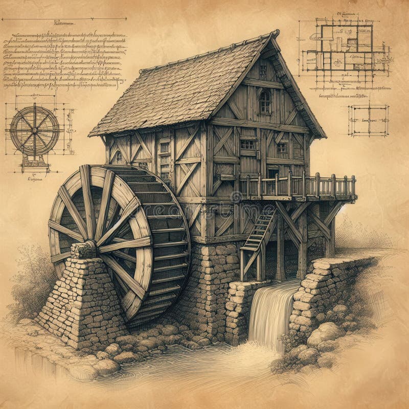 Timber-Framed Mill Structure on Stone Base Stock Illustration ...