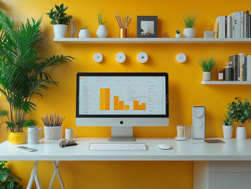 A Functional, Personalized Workspace with a Yellow Backdrop, Featuring ...