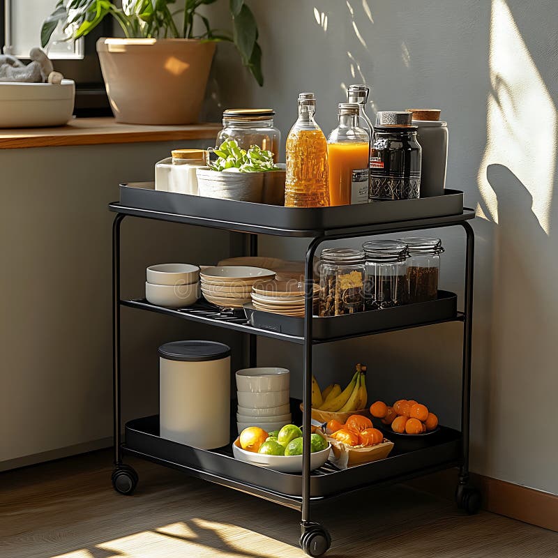 Functional Rolling Cart with Kitchen Essentials and Fresh Fruits Stock Illustration ...