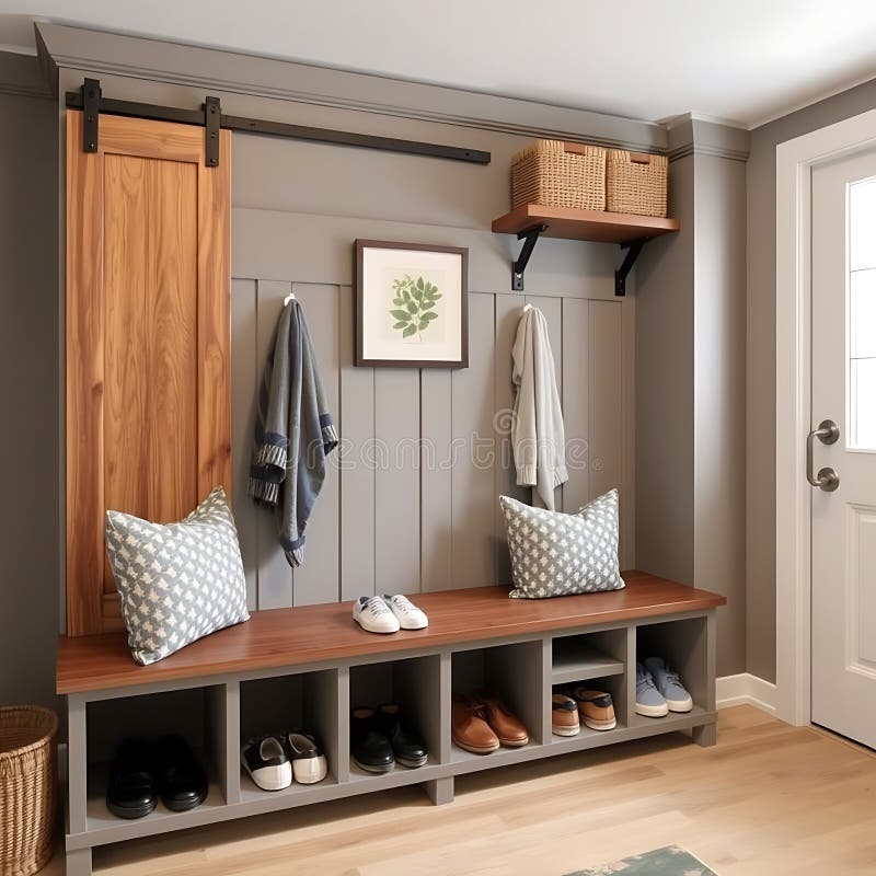 Functional and Stylish Mudroom with Sliding Barn Doors for Cabinets and ...