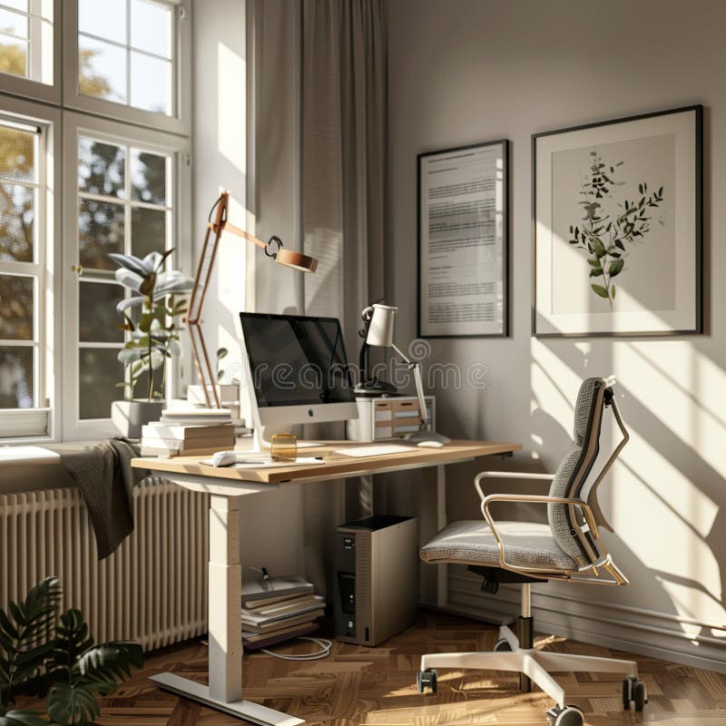 Functional Workspace with Standing Desk and Grey Tones Stock Image ...