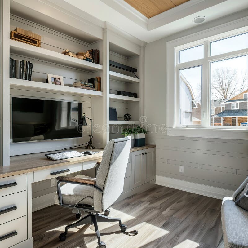 Functional Workspace with Standing Desk and Grey Tones Stock Photo ...