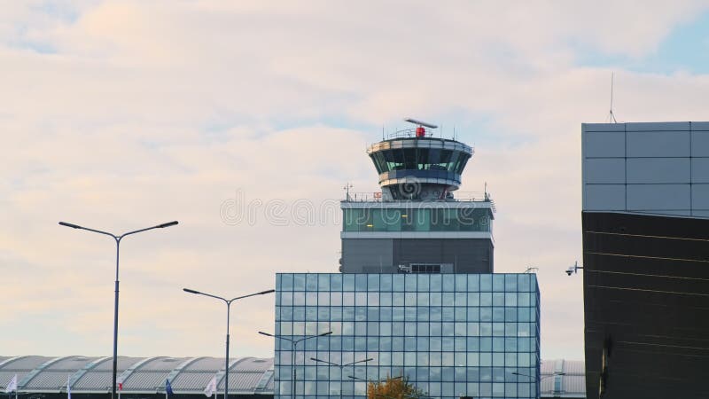Functioning Airport Control Tower with Transparent Booth. Air Transport ...