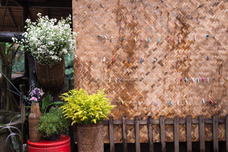 Fundo De Bambu Da Flor E Da Parede Do Estilo Tailandês, Vime Natural ...