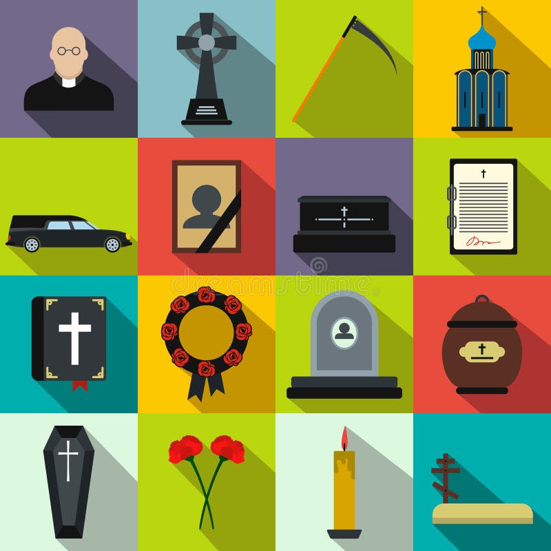 Funeral and Burial Flat Icons Stock Vector - Illustration of obituary ...