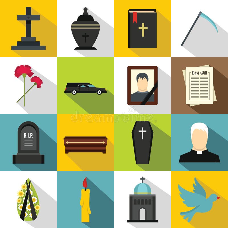 Funeral Icons Set, Flat Style Stock Vector - Illustration of grave ...