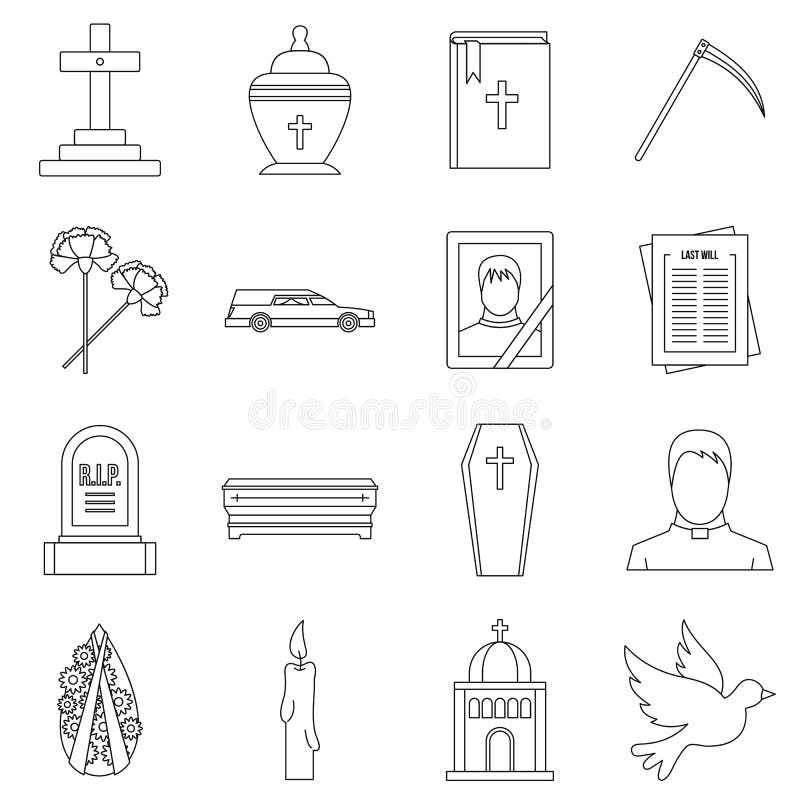 Funeral Icons Set, Outline Style Stock Vector - Illustration of ...