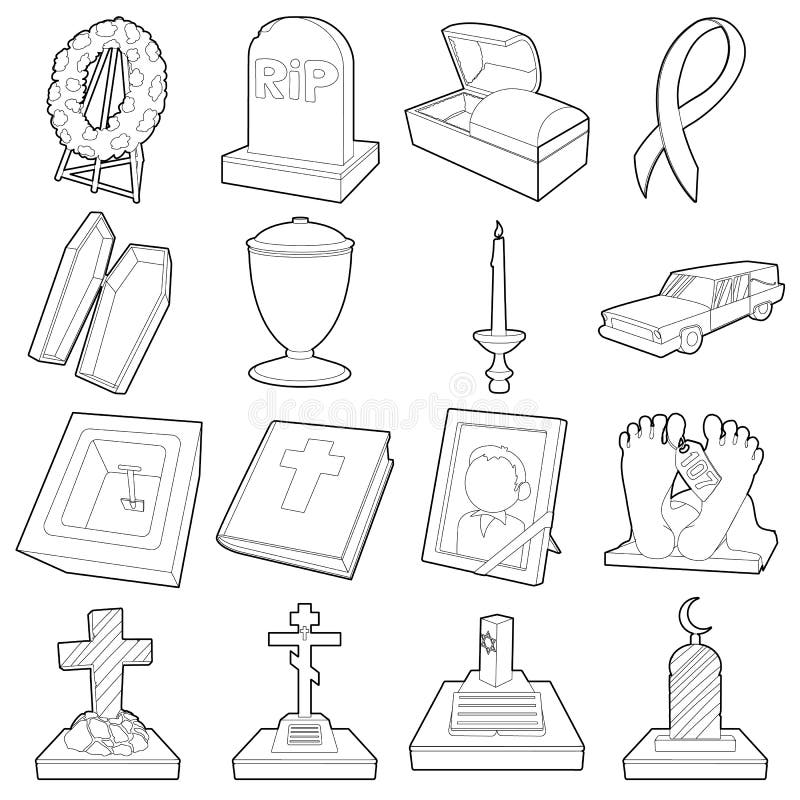 Funeral Icons Set, Outline Style Stock Vector - Illustration of funeral ...