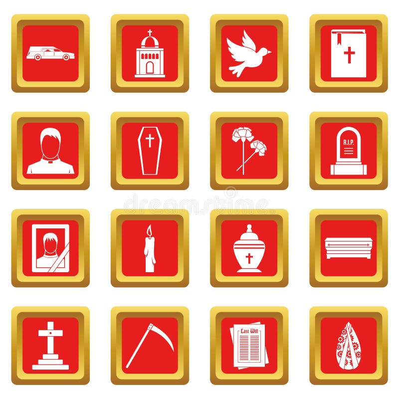 Funeral icons set red stock vector. Illustration of eulogy - 97983329