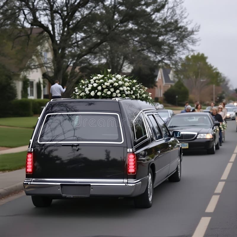 Funeral Procession with Black Hearse and Floral Arrangement Stock Photo ...