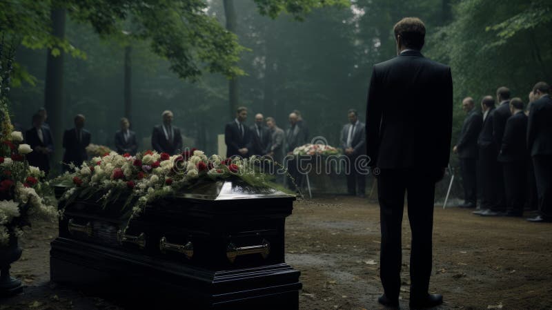 Funeral Procession and Coffin in Graveyard at Rainy Evening. Neural ...