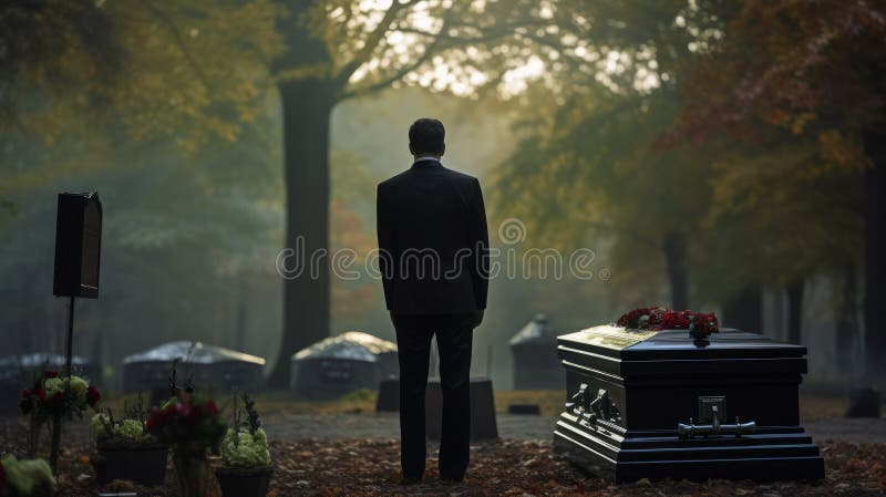 Funeral Procession and Coffin in Graveyard at Rainy Evening. Neural ...