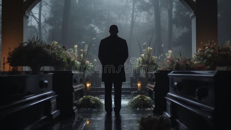 Funeral Procession and Coffin in Graveyard at Rainy Evening. Neural ...