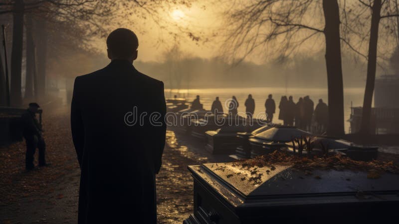 Funeral Procession and Coffin in Graveyard at Rainy Evening. Neural ...