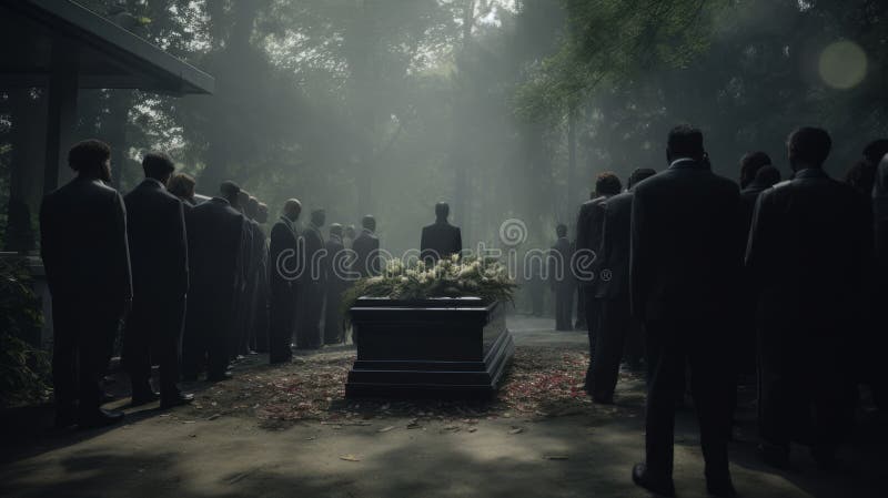 Funeral Procession and Coffin in Graveyard at Rainy Evening. Neural ...
