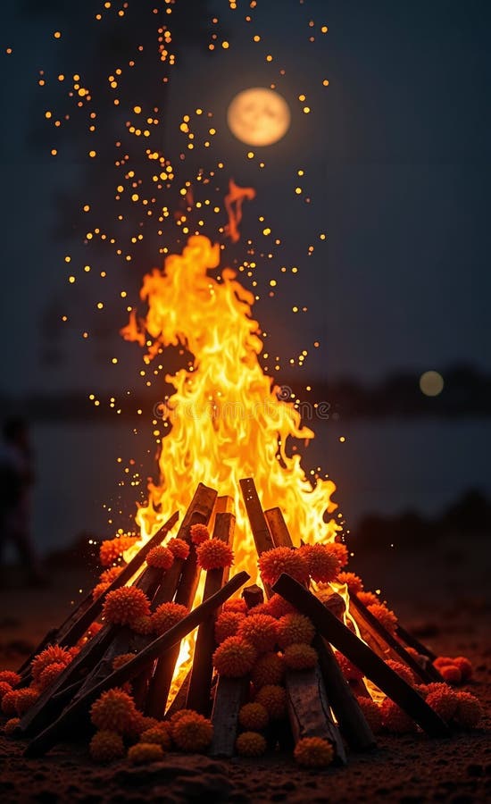 Funeral Pyre on Ganges River at Night Stock Illustration - Illustration ...