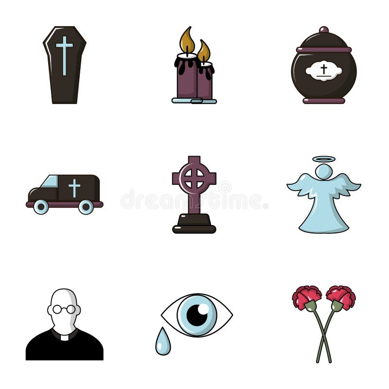 Funeral Symbols Icons Set, Flat Style Stock Vector - Illustration of ...