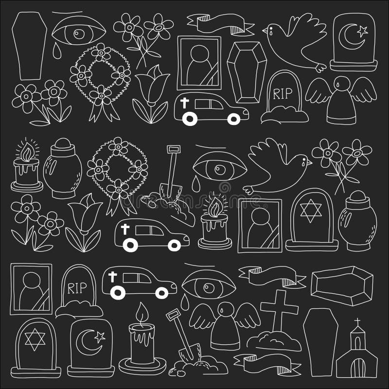 Funeral Thin Line Icon. Set of Funeral Objects Doodle Vector Icons RIP ...