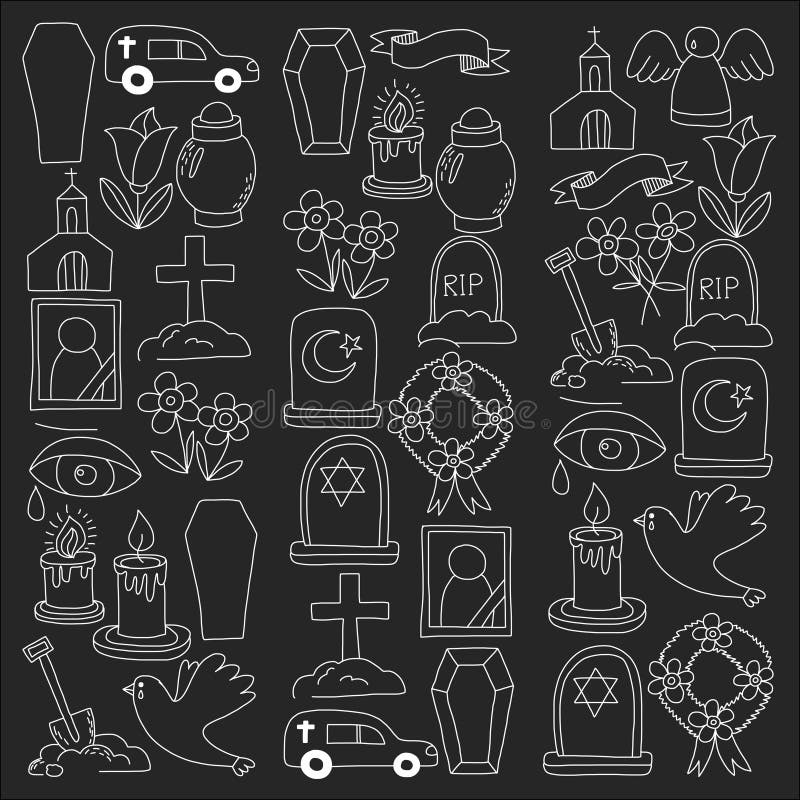 Funeral Thin Line Icon. Set of Funeral Objects Doodle Vector Icons RIP ...