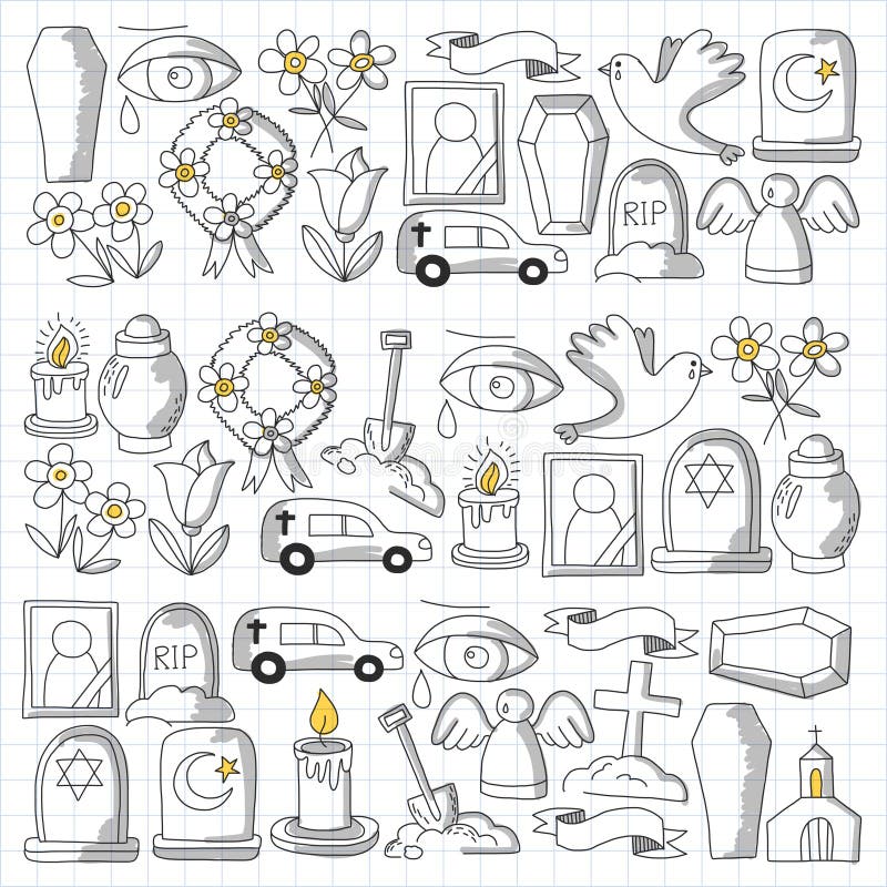 Funeral Thin Line Icon. Set of Funeral Objects Doodle Vector Icons RIP ...