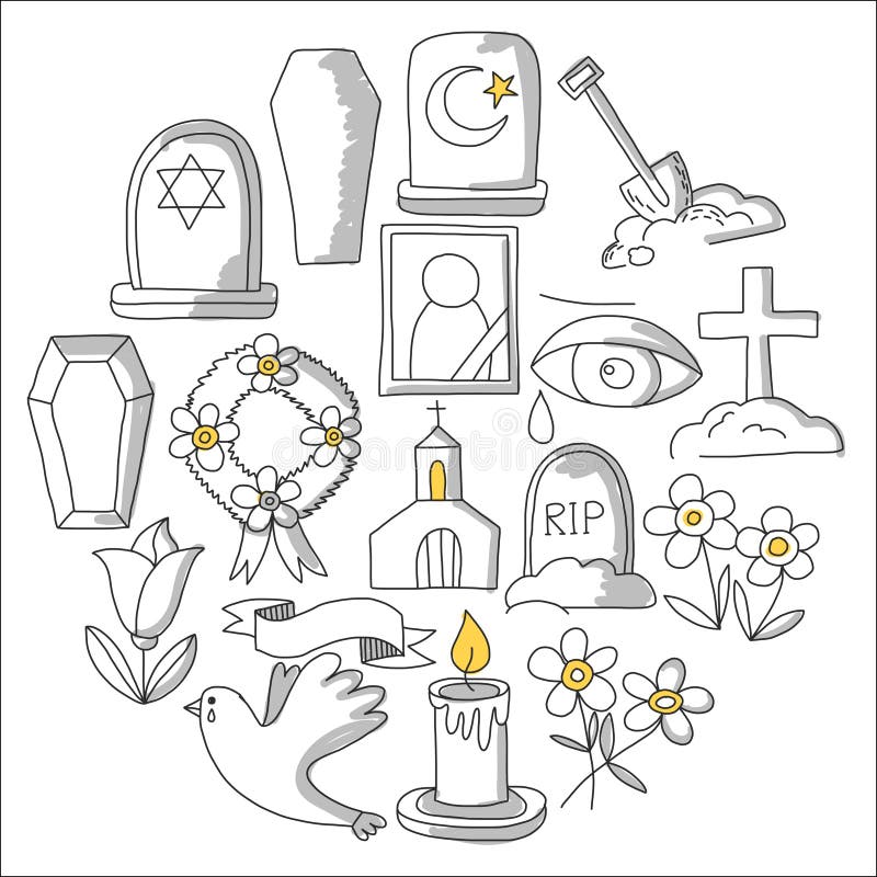 Funeral Thin Line Icon. Set of Funeral Objects Doodle Vector Icons RIP ...