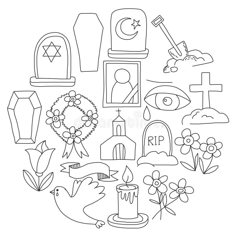 Funeral Thin Line Icon. Set of Funeral Objects Doodle Vector Icons RIP ...