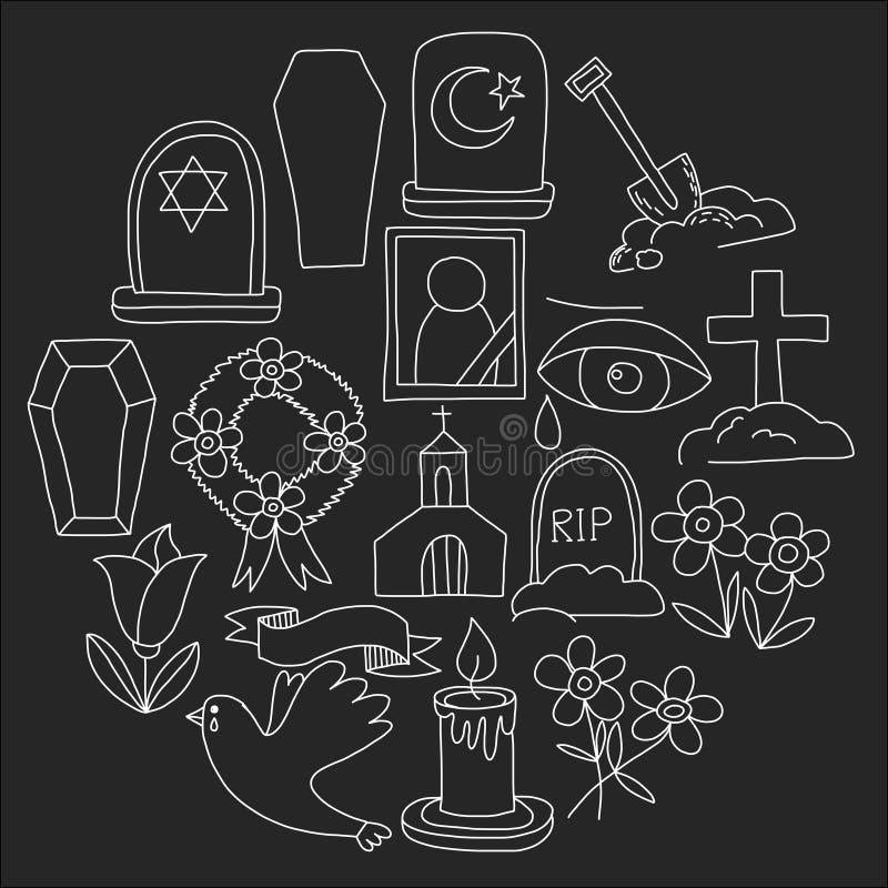 Funeral Thin Line Icon. Set of Funeral Objects Doodle Vector Icons RIP ...