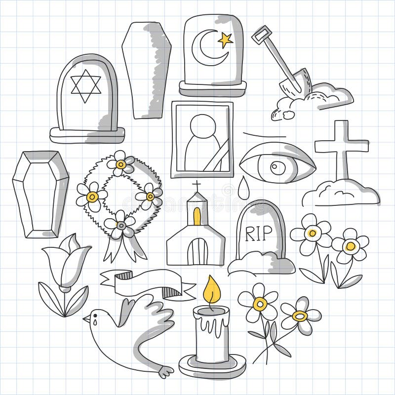 Funeral Thin Line Icon. Set of Funeral Objects Doodle Vector Icons RIP ...