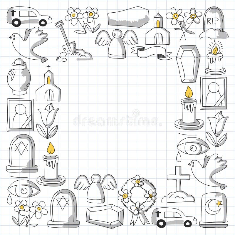 Funeral Thin Line Icon. Set of Funeral Objects Doodle Vector Icons RIP ...