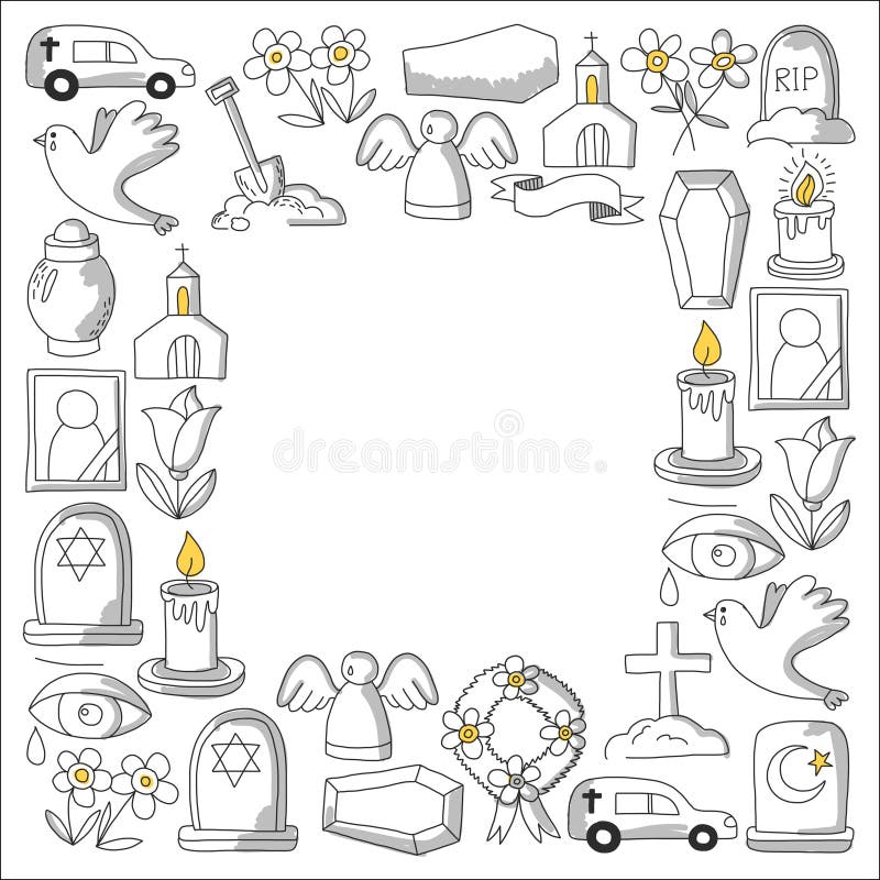 Funeral Thin Line Icon. Set of Funeral Objects Doodle Vector Icons RIP ...