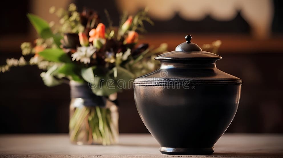 Funeral Urn with Flowers in the Background, on the Table in the Room ...
