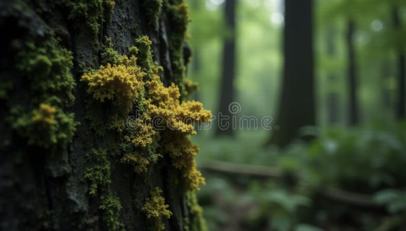 Fungal Growth and Lichen Covering Tree Bark in Dark Forest, Nature ...