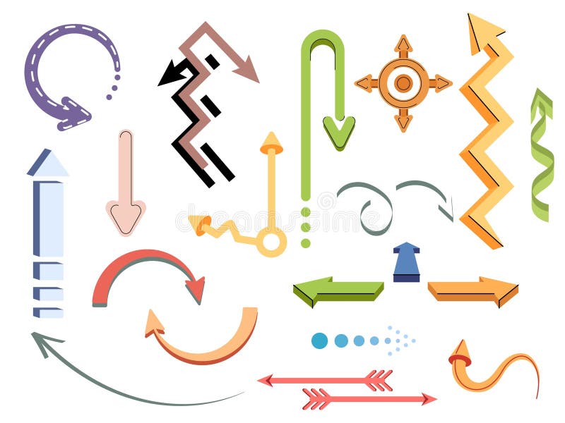 Funky Abstract Arrows. Cartoon Cursor, Color Pointers, Straight, Curved ...