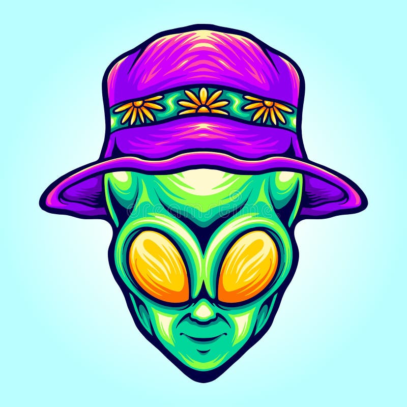 Funky Alien Head with Summer Beach Hat Illustrations Stock Vector ...