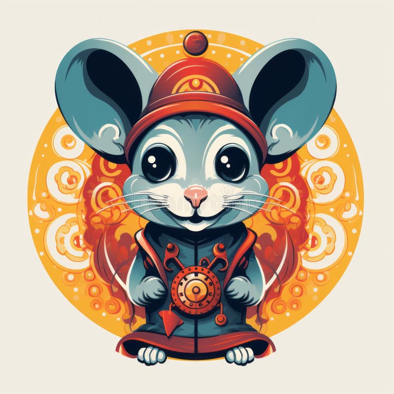 Funky Mouse with Red Hat and Psychedelic Clock - Retro Vector Design ...