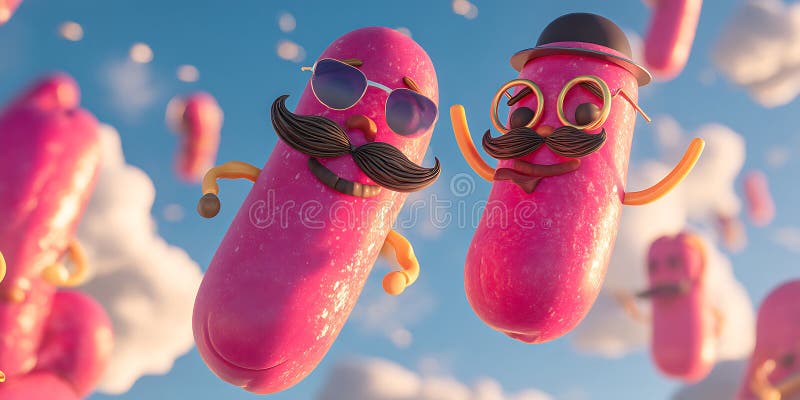 Funky Pink Capsule Characters Soaring through the Clouds Stock ...