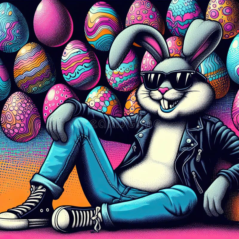 Funky Rabbit Reclining in Easter Egg Display Stock Illustration ...