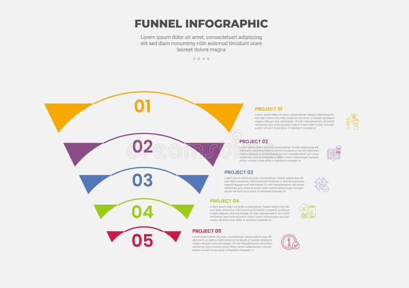 Funnel Base Shape Infographic Outline Style with 5 Point Template with ...