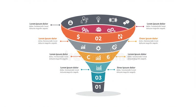 Funnel Diagram with Five Segmented Layers, Labeled from 01 To 05 ...