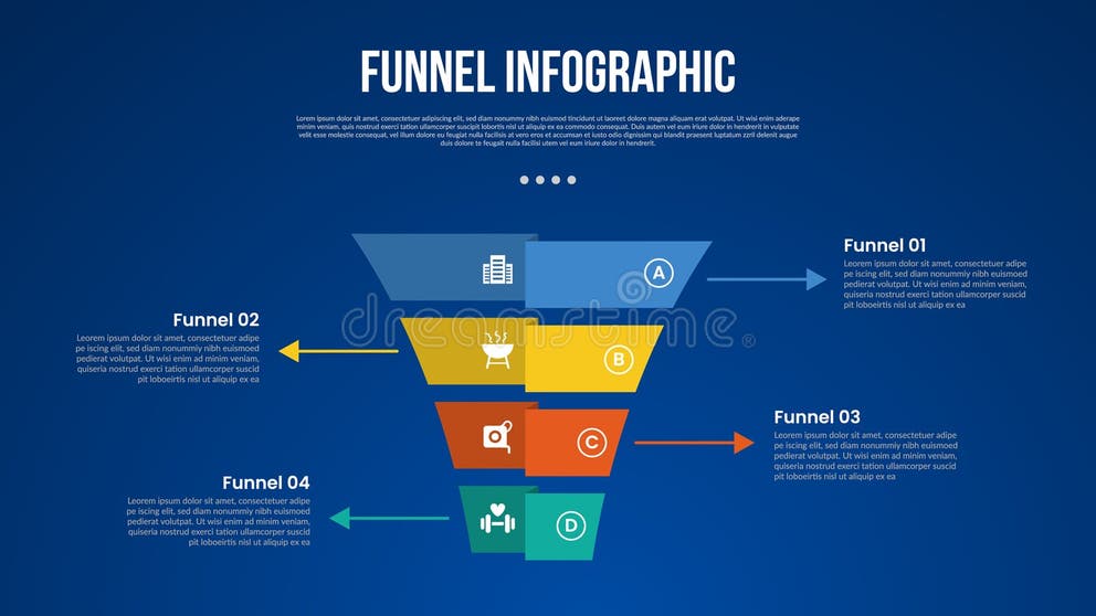 Funnel Infographic with 3d Pyramid with Arrow Line Pointer with 4 Point ...