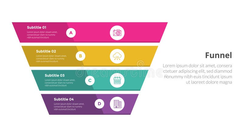 Funnel Shape Infographics Template Diagram with Badge Circle on Left ...